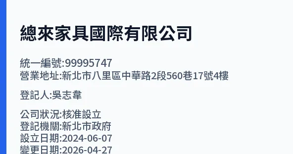 總來家具國際有限公司的照片-統編 99995747(新北市) 公司登記資料與營業項目詳細圖表
