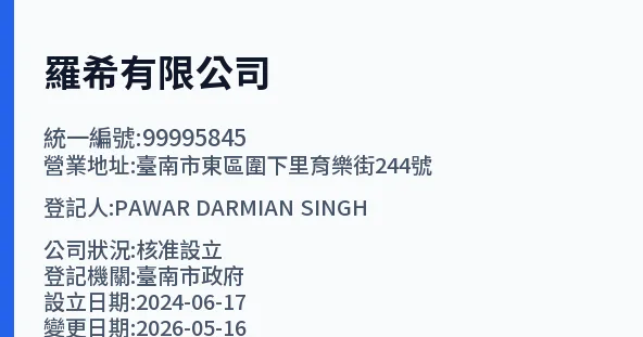 羅希有限公司的照片-統編 99995845(臺南市) 公司登記資料與營業項目詳細圖表
