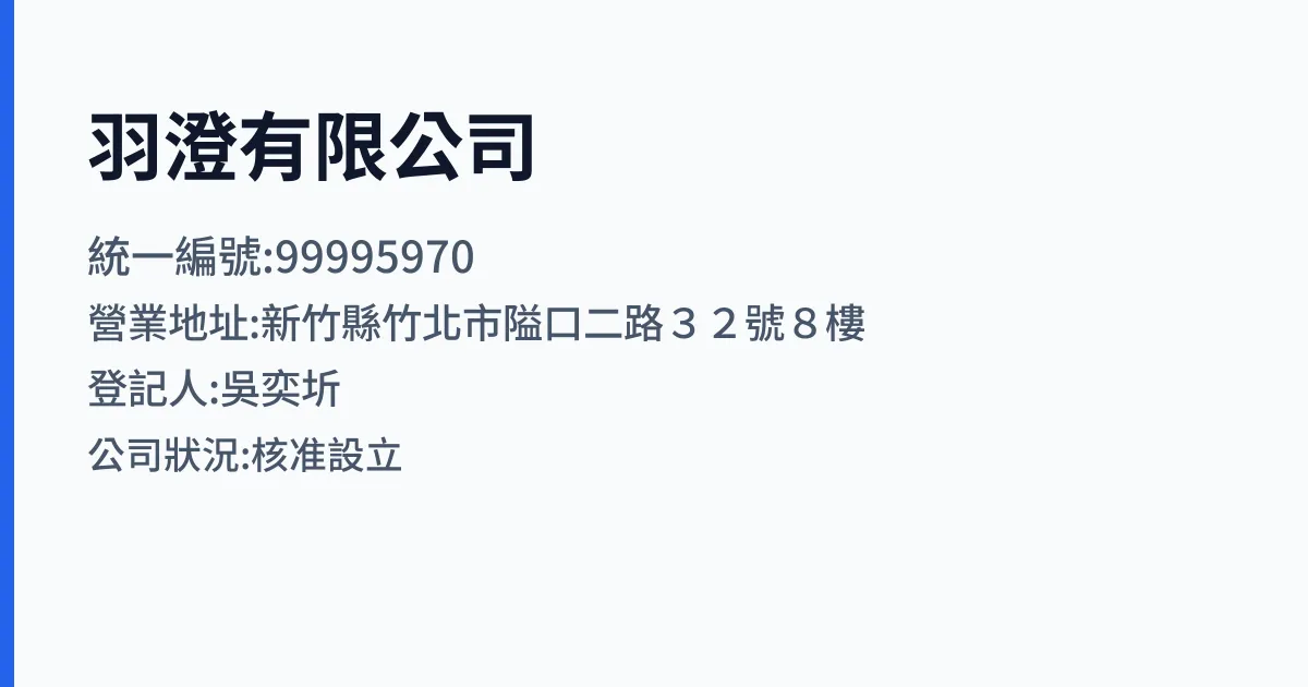 羽澄有限公司 - 統編 99995970（新竹縣） 公司登記資料與營業項目詳細圖表