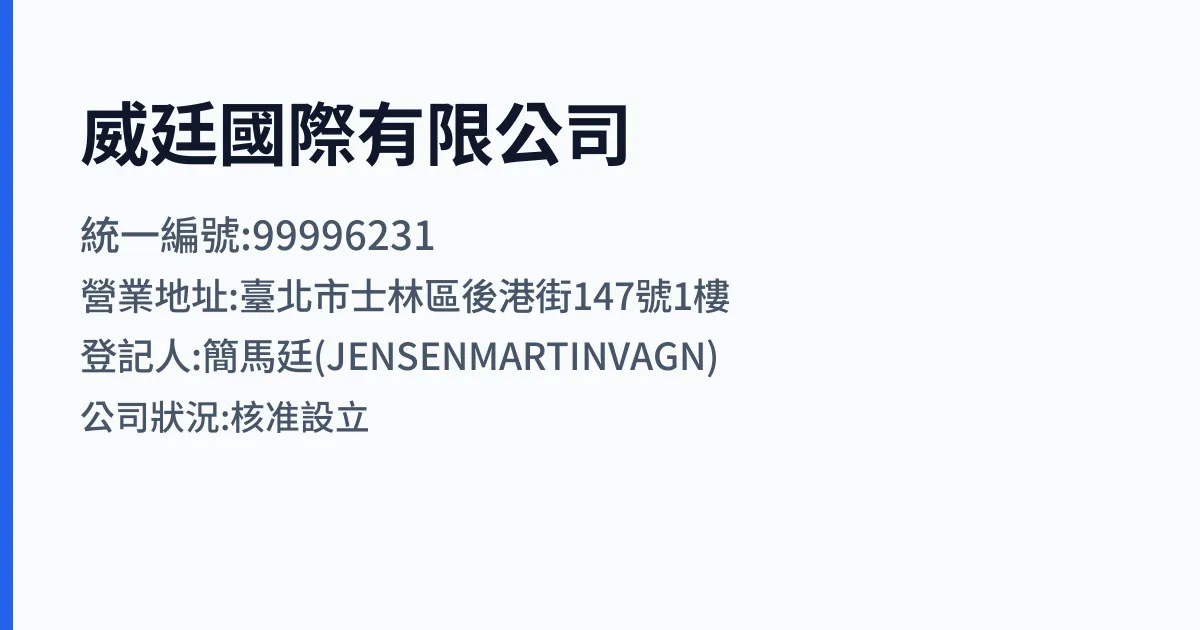 威廷國際有限公司 - 統編 99996231(臺北市) 公司登記資料與營業項目詳細圖表