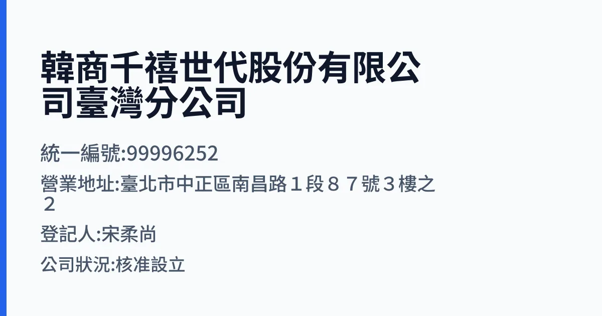 韓商千禧世代股份有限公司臺灣分公司 - 統編 99996252(臺北市) 公司登記資料與營業項目詳細圖表