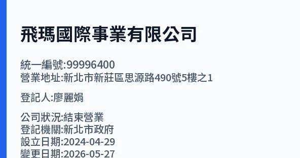 飛瑪國際事業有限公司的照片-統編 99996400(新北市) 公司登記資料與營業項目詳細圖表