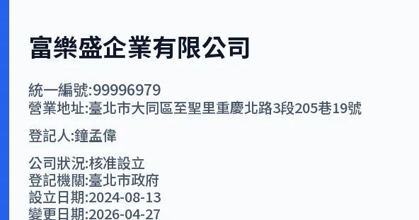 富樂盛企業有限公司的照片-統編 99996979(臺北市) 公司登記資料與營業項目詳細圖表