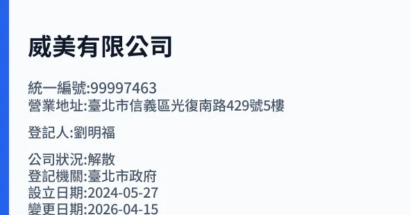 威美有限公司的照片-統編 99997463(臺北市) 公司登記資料與營業項目詳細圖表