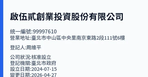 啟伍貳創業投資股份有限公司的照片-統編 99997610(臺北市) 公司登記資料與營業項目詳細圖表