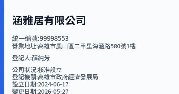 涵雅居有限公司的照片-統編 99998553(高雄市) 公司登記資料與營業項目詳細圖表