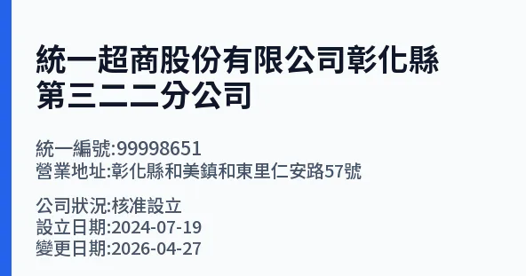 統一超商股份有限公司彰化縣第三二二分公司的照片-統編 99998651(彰化縣) 公司登記資料與營業項目詳細圖表