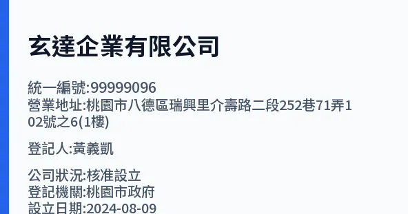 玄達企業有限公司的照片-統編 99999096(桃園市) 公司登記資料與營業項目詳細圖表