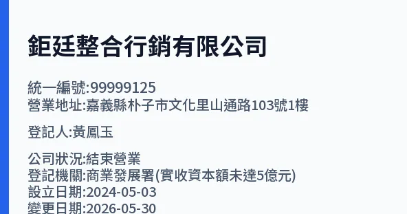 鉅廷整合行銷有限公司的照片-統編 99999125(嘉義縣) 公司登記資料與營業項目詳細圖表