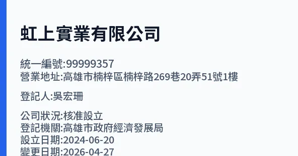 虹上實業有限公司的照片-統編 99999357(高雄市) 公司登記資料與營業項目詳細圖表