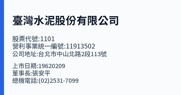 臺灣水泥股份有限公司 股票代號 1101 統編 11913502 上市公司基本資料圖