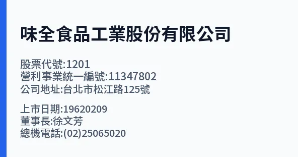 味全食品工業股份有限公司 股票代號 1201 統編 11347802 上市公司基本資料圖