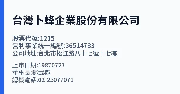 台灣卜蜂企業股份有限公司 股票代號 1215 統編 36514783 上市公司基本資料圖