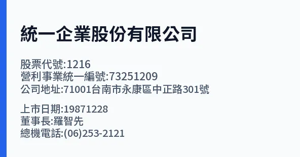 統一企業股份有限公司 股票代號 1216 統編 73251209 上市公司基本資料圖