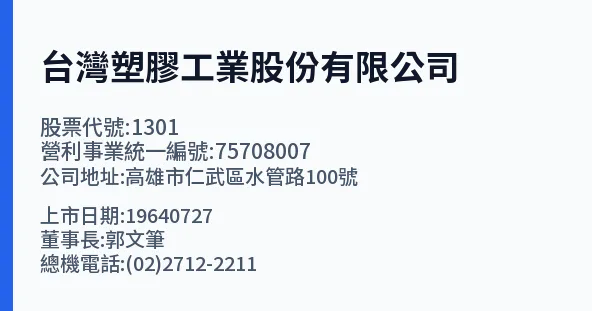 台灣塑膠工業股份有限公司 股票代號 1301 統編 75708007 上市公司基本資料圖