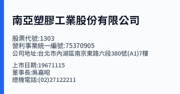 南亞塑膠工業股份有限公司 股票代號 1303 統編 75370905 上市公司基本資料圖
