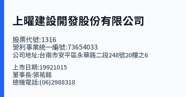 上曜建設開發股份有限公司 股票代號 1316 統編 73654033 上市公司基本資料圖