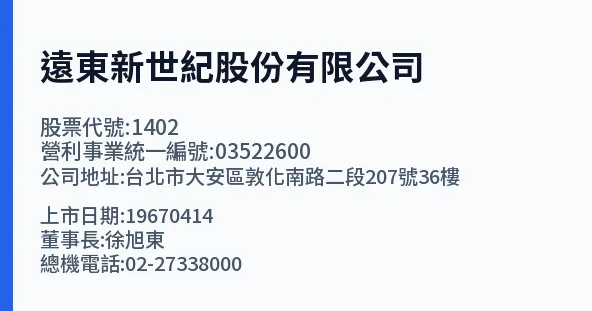 遠東新世紀股份有限公司 股票代號 1402 統編 03522600 上市公司基本資料圖