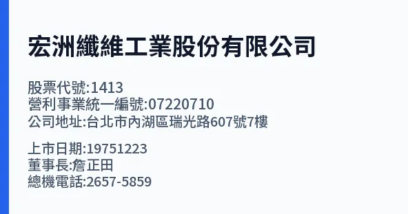 宏洲纖維工業股份有限公司 股票代號 1413 統編 07220710 上市公司基本資料圖