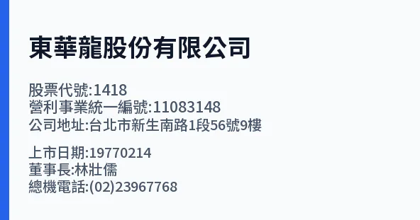 東華龍股份有限公司 股票代號 1418 統編 11083148 上市公司基本資料圖