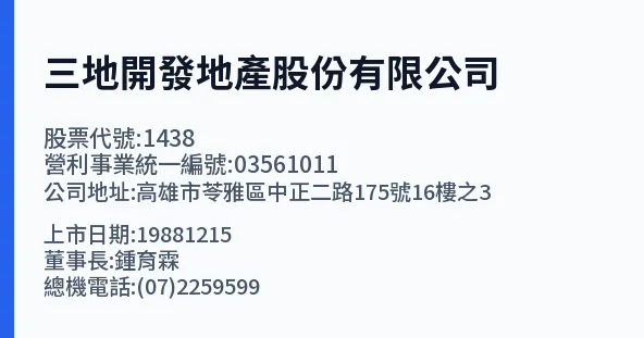 三地開發地產股份有限公司 股票代號 1438 統編 03561011 上市公司基本資料圖