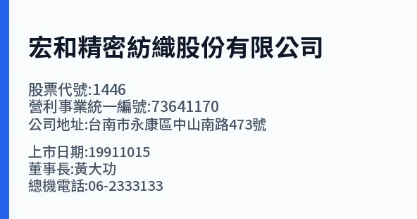 宏和精密紡織股份有限公司 股票代號 1446 統編 73641170 上市公司基本資料圖