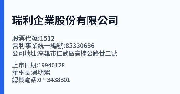 瑞利企業股份有限公司 股票代號 1512 統編 85330636 上市公司基本資料圖