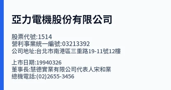 亞力電機股份有限公司 股票代號 1514 統編 03213392 上市公司基本資料圖