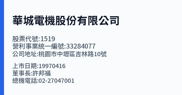 華城電機股份有限公司 股票代號 1519 統編 33284077 上市公司基本資料圖