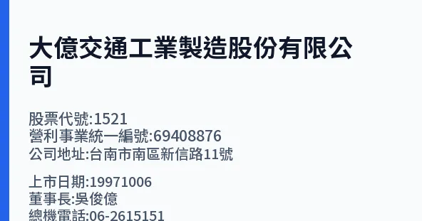 大億交通工業製造股份有限公司 股票代號 1521 統編 69408876 上市公司基本資料圖