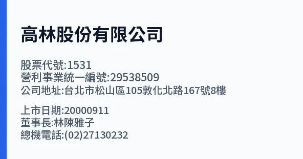 高林股份有限公司 股票代號 1531 統編 29538509 上市公司基本資料圖