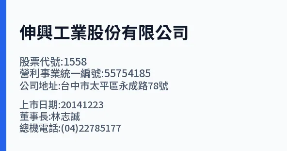 伸興工業股份有限公司 股票代號 1558 統編 55754185 上市公司基本資料圖