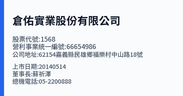 倉佑實業股份有限公司 股票代號 1568 統編 66654986 上市公司基本資料圖