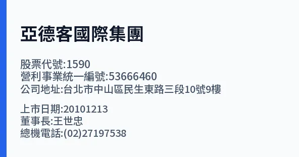 亞德客國際集團 股票代號 1590 統編 53666460 上市公司基本資料圖
