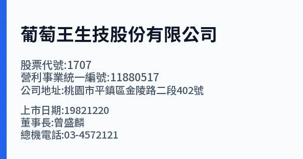 葡萄王生技股份有限公司 股票代號 1707 統編 11880517 上市公司基本資料圖