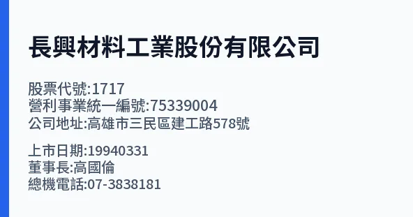 長興材料工業股份有限公司 股票代號 1717 統編 75339004 上市公司基本資料圖
