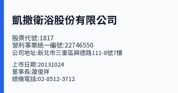 凱撒衛浴股份有限公司 股票代號 1817 統編 22746550 上市公司基本資料圖
