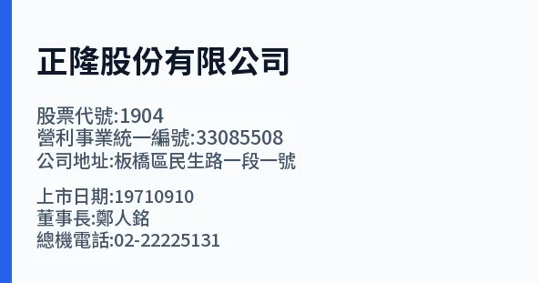 正隆股份有限公司 股票代號 1904 統編 33085508 上市公司基本資料圖