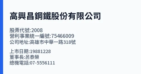 高興昌鋼鐵股份有限公司 股票代號 2008 統編 75466009 上市公司基本資料圖
