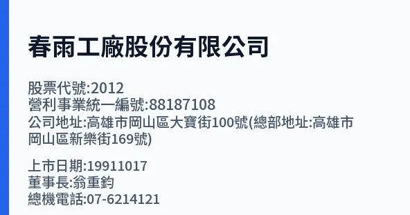春雨工廠股份有限公司 股票代號 2012 統編 88187108 上市公司基本資料圖