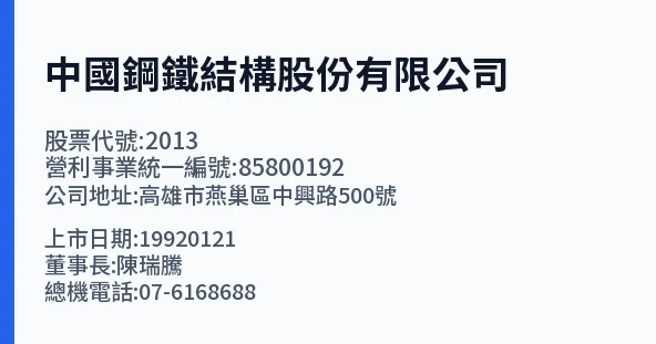 中國鋼鐵結構股份有限公司 股票代號 2013 統編 85800192 上市公司基本資料圖