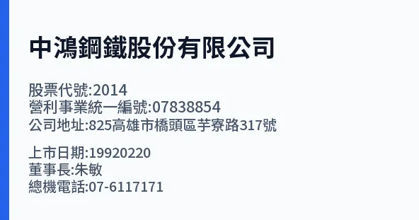中鴻鋼鐵股份有限公司 股票代號 2014 統編 07838854 上市公司基本資料圖