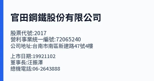 官田鋼鐵股份有限公司 股票代號 2017 統編 72065240 上市公司基本資料圖