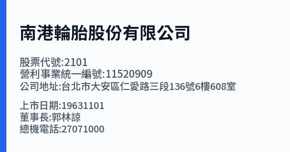 南港輪胎股份有限公司 股票代號 2101 統編 11520909 上市公司基本資料圖