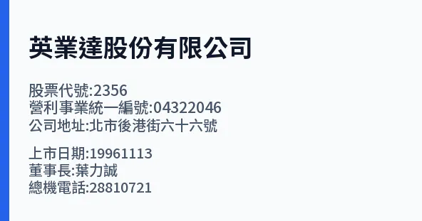 英業達股份有限公司 股票代號 2356 統編 04322046 上市公司基本資料圖