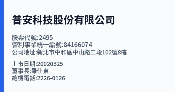 普安科技股份有限公司 股票代號 2495 統編 84166074 上市公司基本資料圖