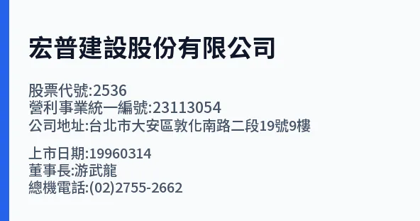 宏普建設股份有限公司 股票代號 2536 統編 23113054 上市公司基本資料圖