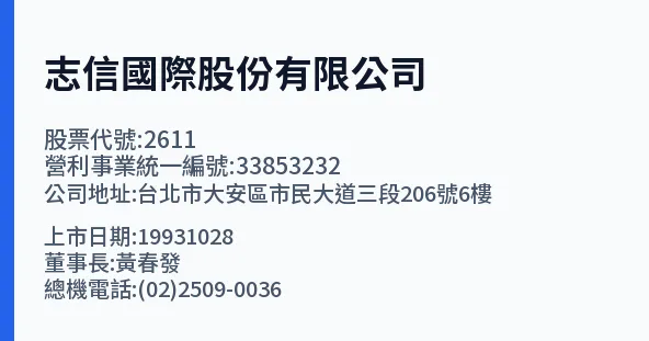 志信國際股份有限公司 股票代號 2611 統編 33853232 上市公司基本資料圖