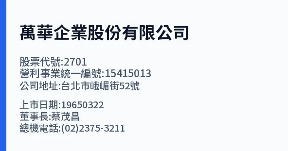 萬華企業股份有限公司 股票代號 2701 統編 15415013 上市公司基本資料圖