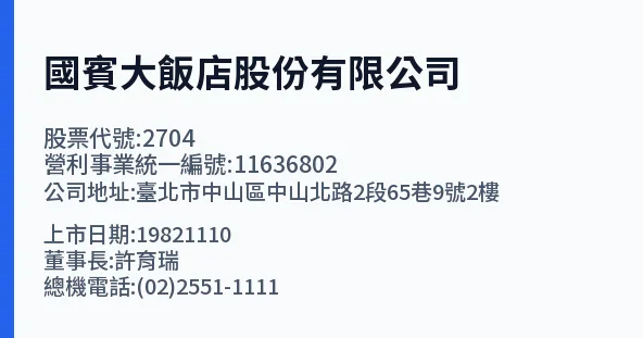 國賓大飯店股份有限公司 股票代號 2704 統編 11636802 上市公司基本資料圖